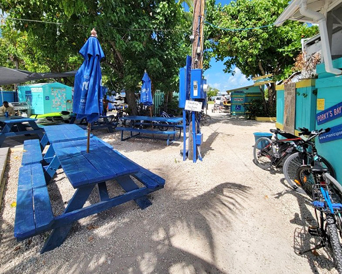 Blue picnic tables under palm tree shade create the quintessential Keys dining experience. Just casual enough to make you feel like you've discovered a local secret.