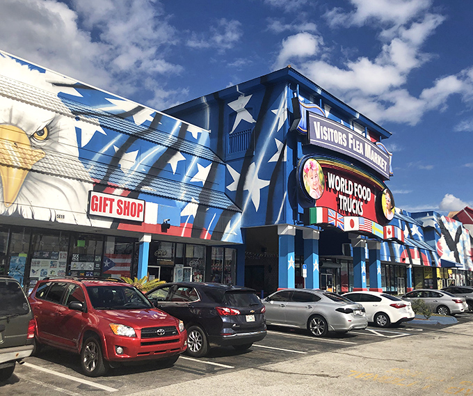 The market's exterior promises patriotic shopping adventures with its stars-and-stripes design – America's retail melting pot in architectural form.