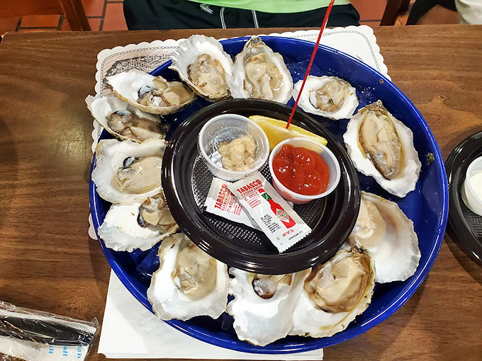 A dozen glistening oysters arranged like a clock face of briny delights. Time stands still when you're savoring these treasures of the bay.