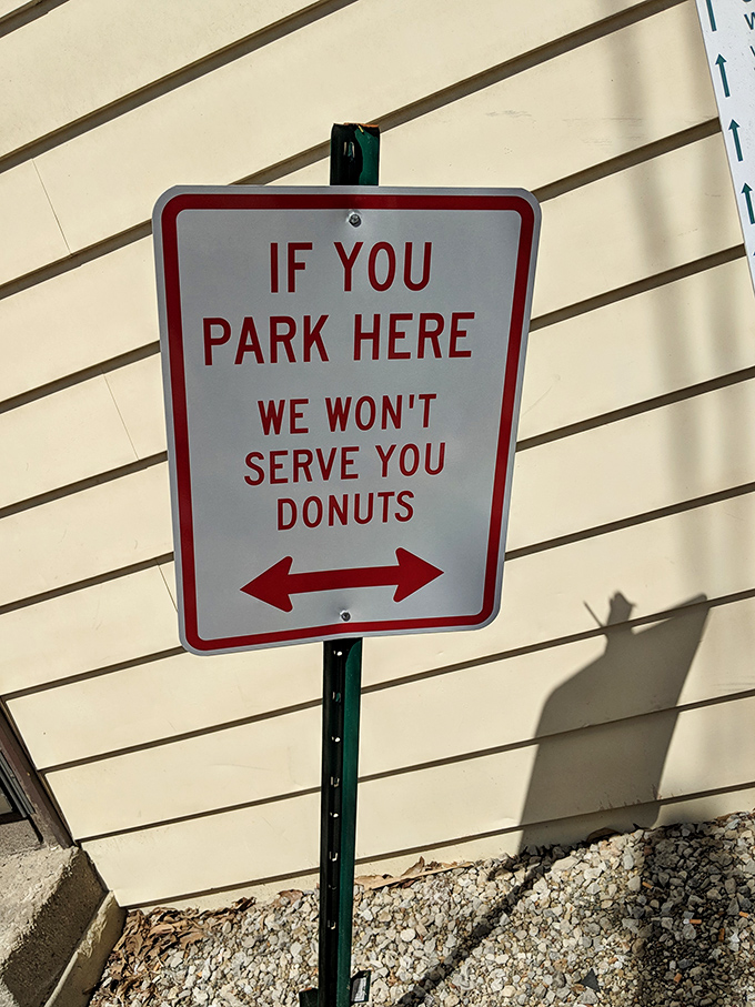 The parking sign's gentle threat&mdash;no donuts for rule-breakers&mdash;might be the most effective deterrent in Ohio. Some risks simply aren't worth taking.