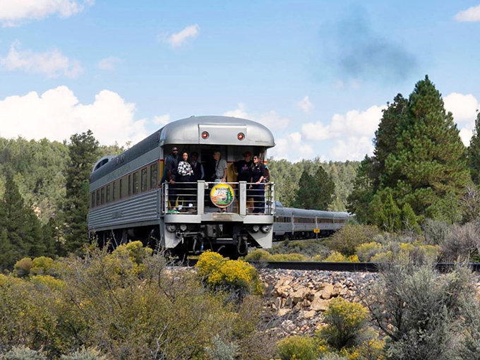 Fellow travelers raise their glasses in the observation car, strangers at departure becoming temporary friends united by shared wonder.