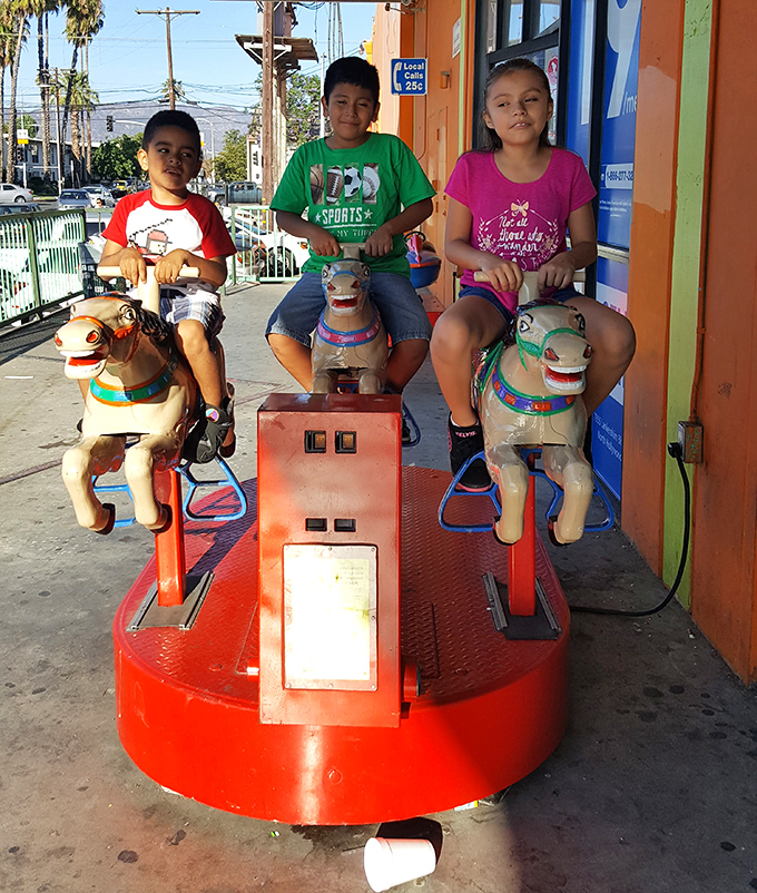 Childhood joy in mechanical form. These coin-operated horses offer the thrill of the Wild West without the need for actual ranching skills.