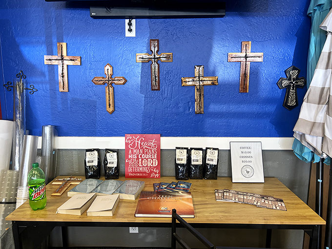 Faith meets frugality on this vibrant blue wall. Spiritual d&eacute;cor that proves saving money can be a religious experience.