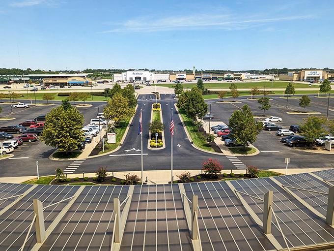 American flags stand proud in this retail center, where shopping doesn't require the endurance training needed for navigating big-city malls.