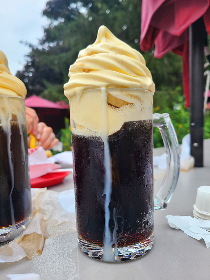 The root beer float arrives like a celebrity—tall, impressive, and causing heads to turn. That perfect marriage of creamy vanilla and spicy root beer creates a symphony in a glass.