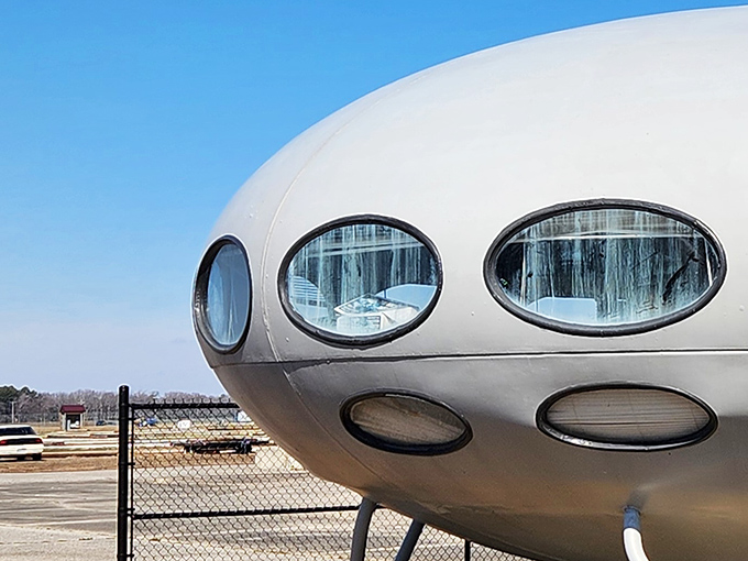Eyes to another dimension! The Futuro's distinctive oval windows create a face-like appearance, as if this cosmic visitor is quietly observing our world.