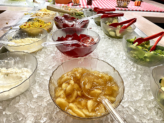 The salad bar&mdash;where good intentions meet delicious reality. Those puddings aren't judging your vegetable-to-dessert ratio.