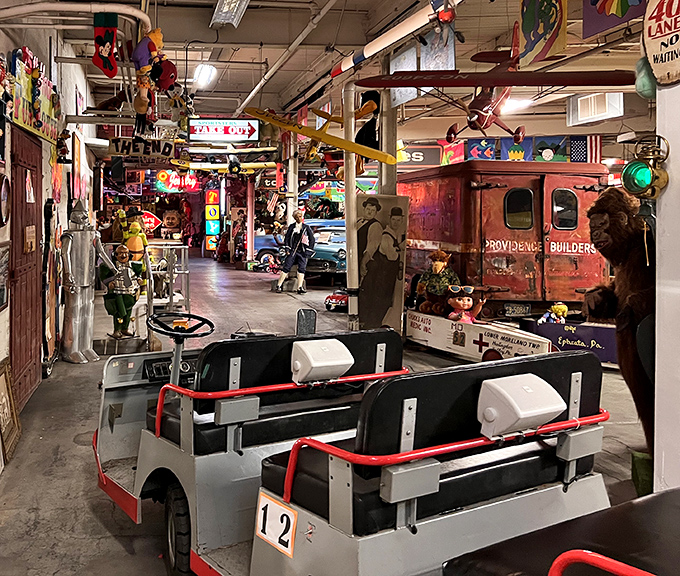 All aboard the nostalgia express! These tram cars transport you through a labyrinth of Americana where every turn reveals another bizarre treasure.