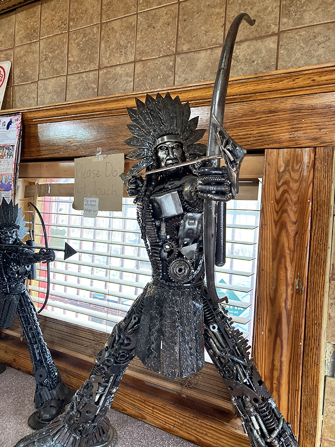 Unexpected art meets diner charm. This metal sculpture adds character to a place already rich with personality and culinary tradition.