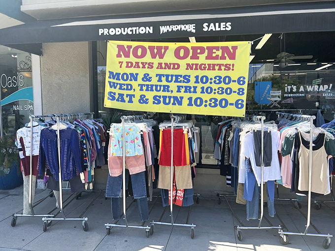 The cheerful yellow banner announces generous hours&mdash;because hunting for screen-worn treasures shouldn't be rushed or restricted to banker's hours.