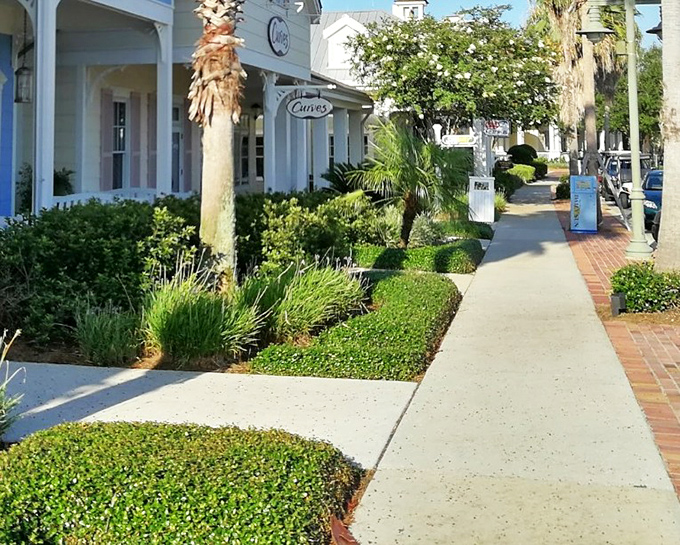 Meticulously manicured hedges frame pristine walkways, creating the sensation of strolling through a life-sized dollhouse community.