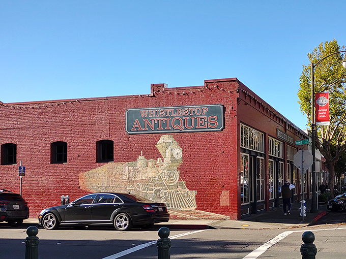 The exterior mural pays homage to Railroad Square's history. That locomotive seems ready to chug right off the brick wall.