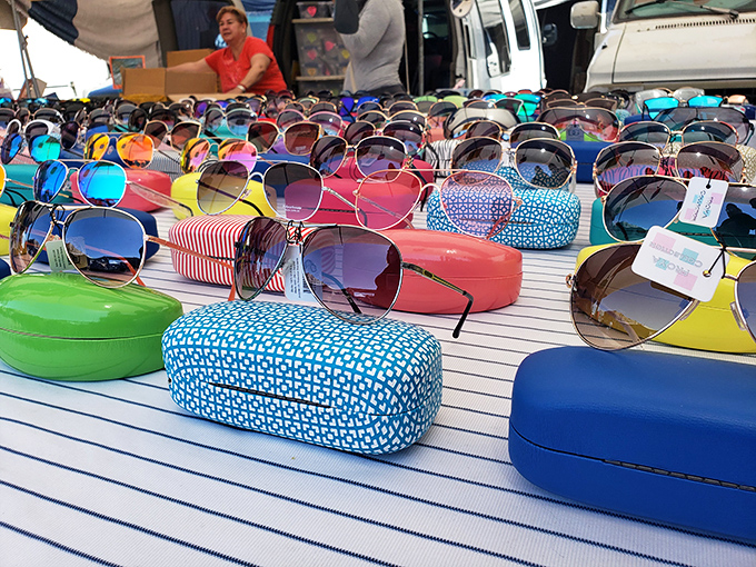 Sunglasses galore! Designer lookalikes with price tags that won't make you wince when you inevitably sit on them.