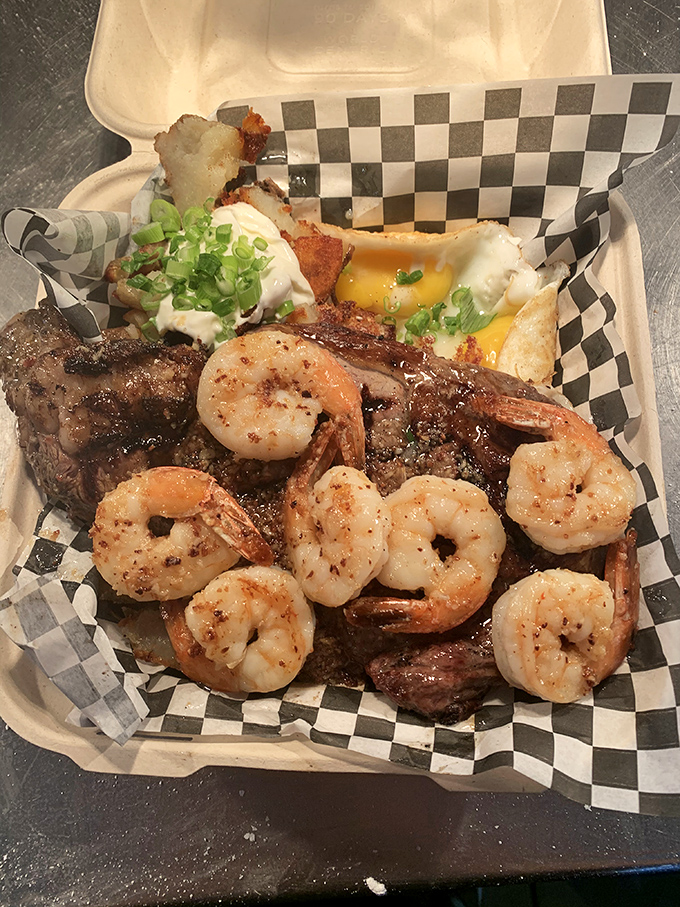 Surf meets turf in this protein paradise. Those perfectly seasoned shrimp could make a pescatarian question their life choices.