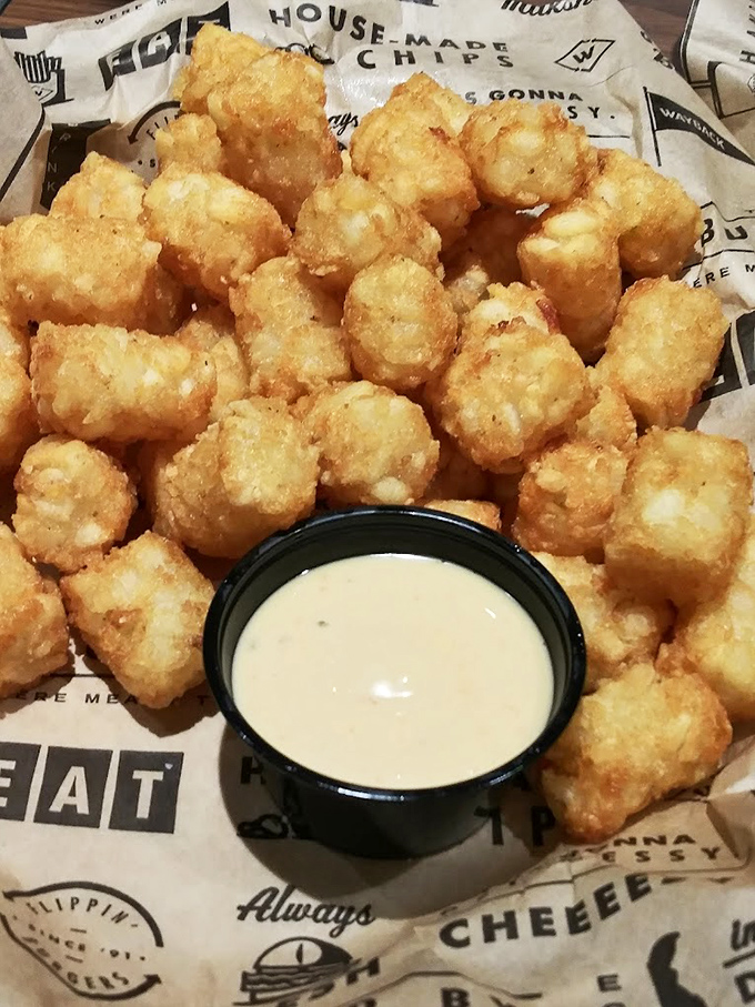Golden tater tots with dipping sauce—childhood nostalgia that's grown up but hasn't forgotten how to have fun. Crispy outside, fluffy inside, happiness all around.