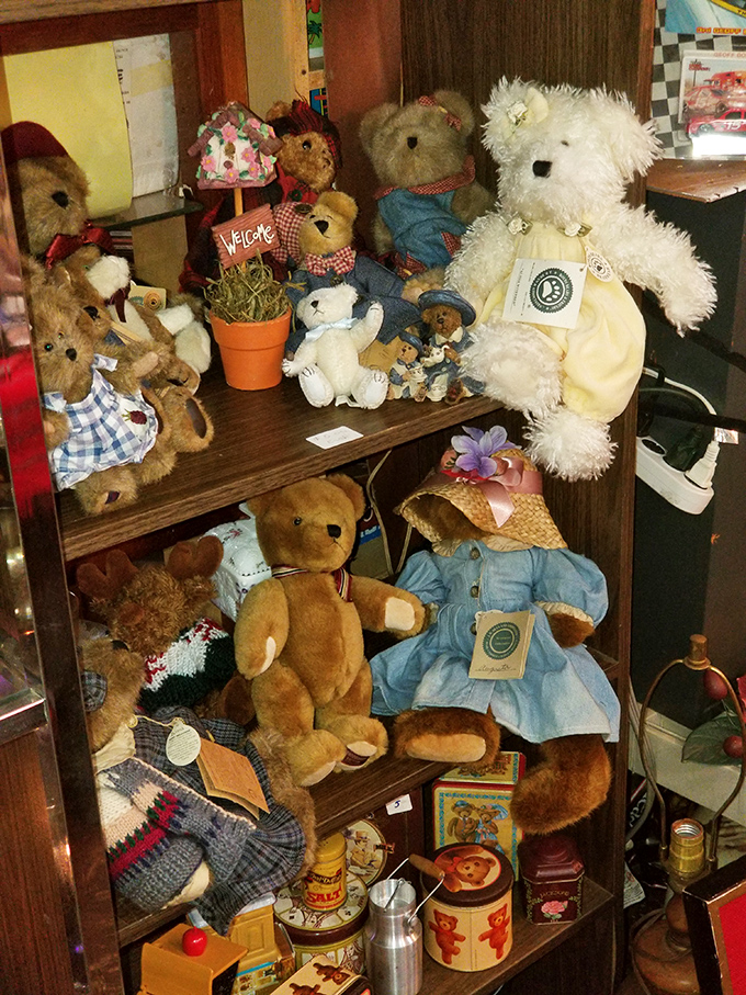 The teddy bear brigade stands at attention, each plush face holding decades of potential hugs and childhood comfort. That Boyd's Bear still has its tag! 