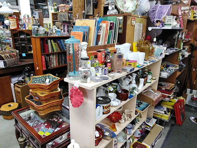 Decorative plates, vintage books, and handcrafted baskets create a visual feast for collectors who appreciate the artistry of everyday objects from yesteryear.