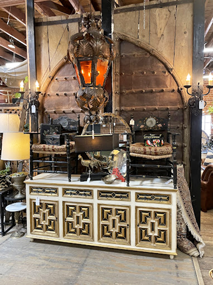 This paint-splattered workbench now displays treasures instead of tools&mdash;the ultimate example of vintage upcycling at its most authentic.