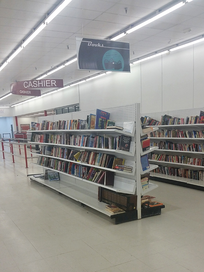 The book section beckons bibliophiles with shelves of literary adventures waiting to be rediscovered. Paperback paradise at pocket-change prices.