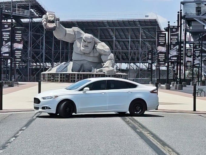 Perspective is everything: a standard sedan looks like a Hot Wheels toy when parked near Miles's massive concrete feet.