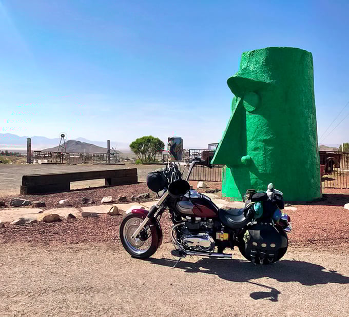 Even motorcyclists make the pilgrimage to pay respects to the tiki god of road trips and questionable navigation decisions.
