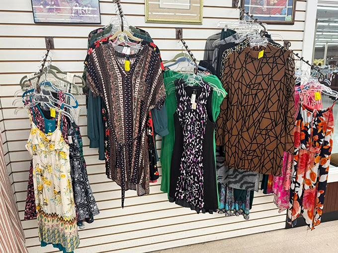 Fashion's greatest hits, hanging in harmonious chaos. Those patterns and colors are like a wearable time capsule of decades past.