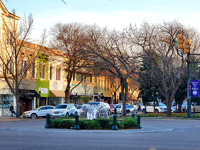 Fountain centerpieces and shaded walkways turn simple errands into pleasant neighborhood adventures.