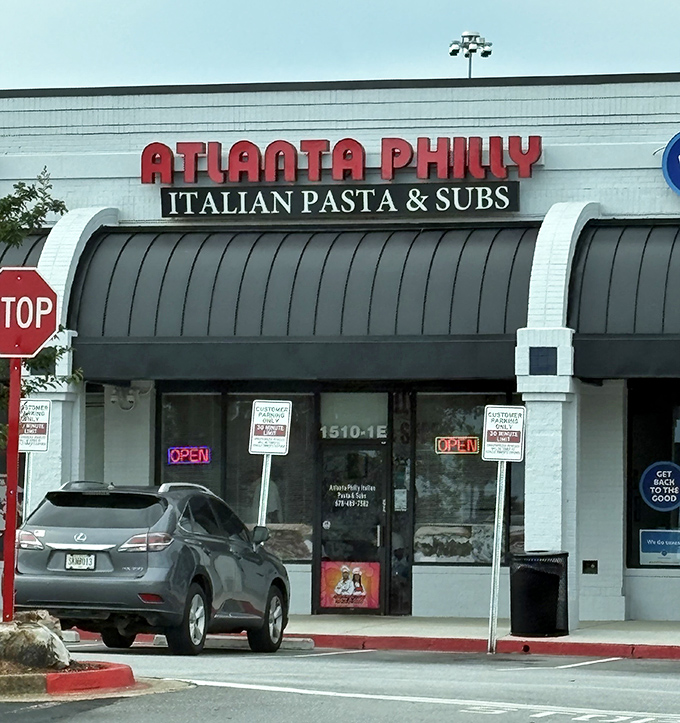 Atlanta Philly's curved awning is like a smile welcoming you to a taste of Philadelphia in Georgia. Cheesesteak diplomacy!