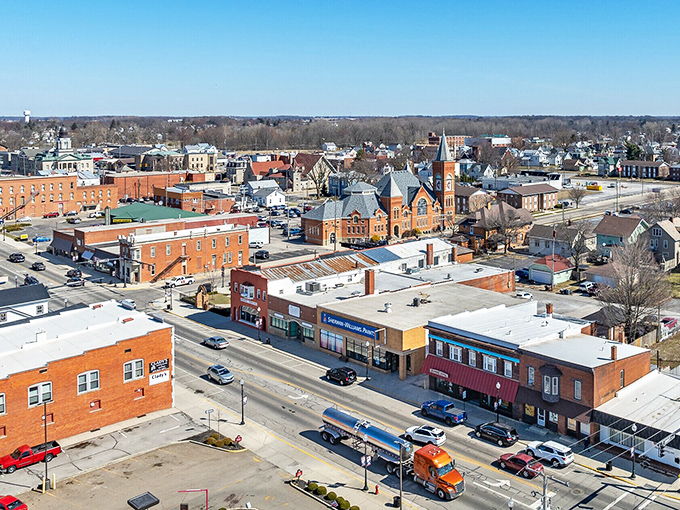 Bucyrus's main street stretches toward the horizon, lined with buildings that have stood the test of time. A downtown that remembers its own history.