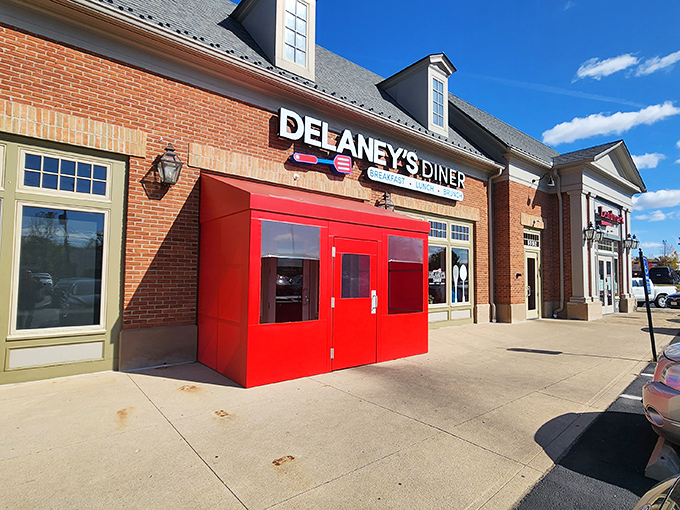 Delaney's Diner (Columbus): That bold red entrance pops against classic brick &ndash; a modern diner where farm-fresh eggs meet wallet-friendly prices.