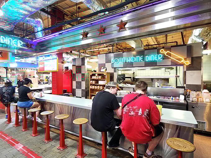 Down Home Diner's counter seating invites you to pull up a stool and watch the short-order magic happen.