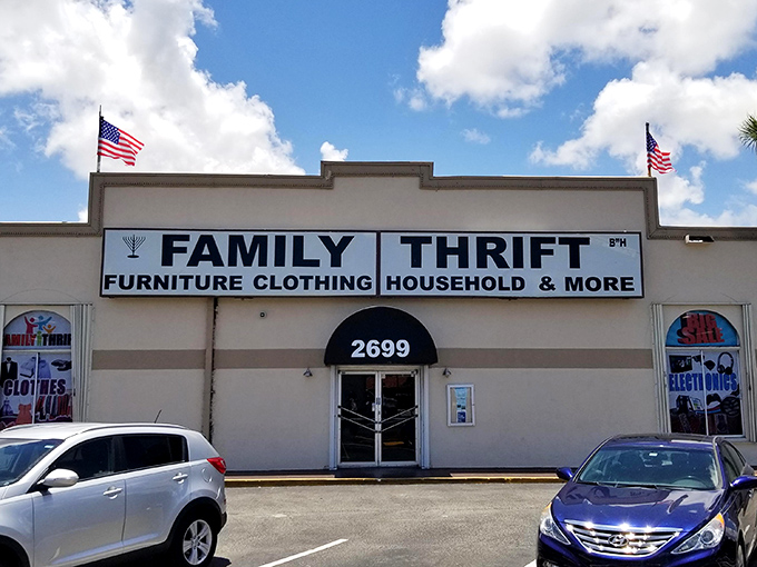 Family Thrift's bold signage makes big promises about big savings. When a store flies multiple flags, you know they mean business!