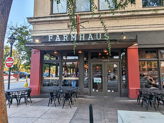 Farmhaus Burger's historic building houses modern farm-to-table delights. Those red columns frame a doorway to burger paradise.