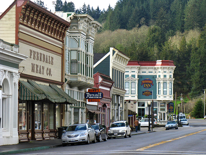 The Ferndale Emporium stands proudly on Main Street, its red facade a landmark in this historic dairy town.
