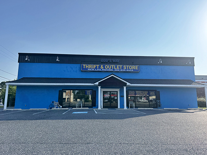 God's Way Thrift Store's bright blue exterior stands out like a bargain beacon on Coastal Highway.