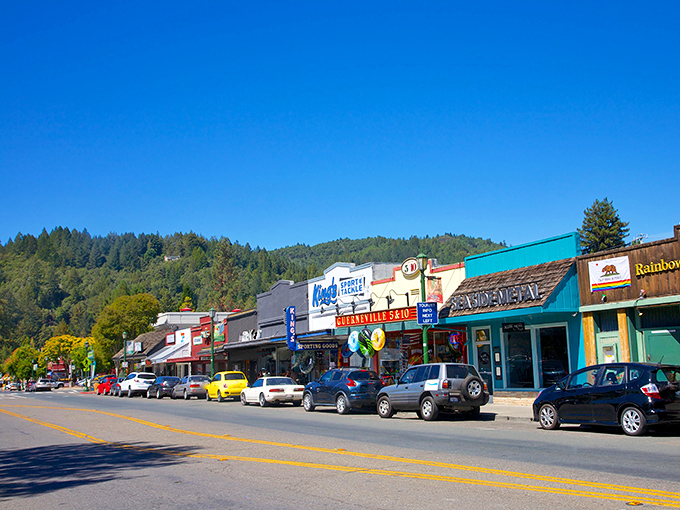 Main Street magic: Where colorful storefronts create a rainbow of small-town charm that Instagram dreams are made of.