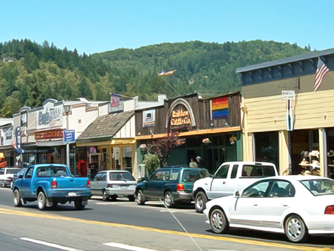 Guerneville's main street offers a perfect blend of redwood country charm and laid-back river town vibes.