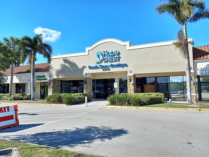 Hope Chest's elegant stone facade and professional signage elevate thrift shopping to an upscale experience.