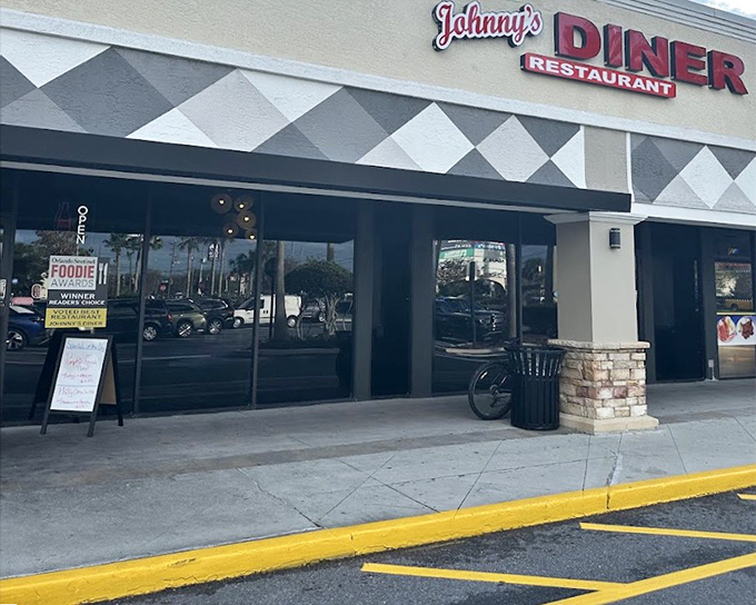 Johnny's modern black and white diamond pattern exterior brings a touch of style to classic diner comfort food.