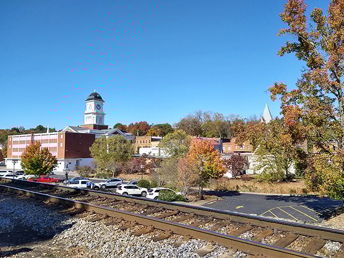 Colorful trees, railroad tracks, and a charming clock tower&mdash;Jonesborough shows off its small-town beauty on a crisp, clear autumn day.