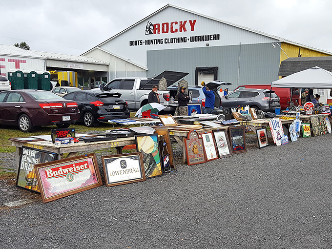 Leighty's wooden stalls stand ready against rolling hills. Mother Nature provides the perfect backdrop for bargain hunting.