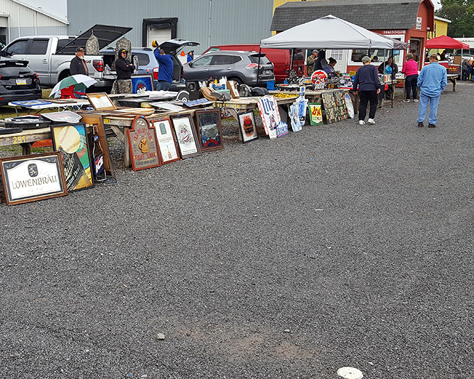 Tables full of treasures! Leighty's outdoor flea market tempts bargain hunters with vintage finds and quirky collectibles.