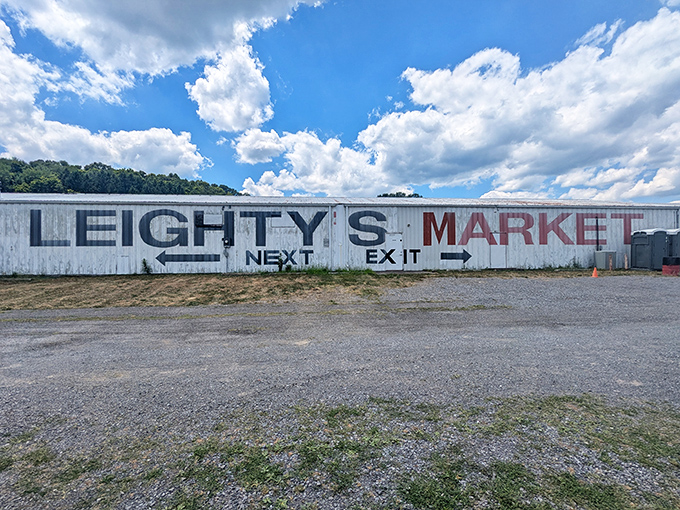 Where mountains meet merchandise! Leighty's bold roadside sign beckons travelers to stop and discover unexpected treasures against a scenic backdrop.