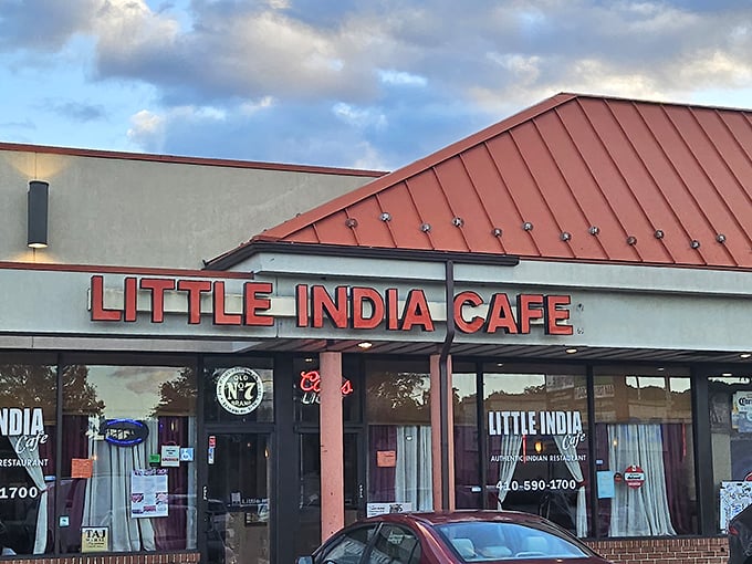 Little India Caf&eacute;'s vibrant signage promises authentic flavors in suburban Maryland. That tricolor scheme isn't just decorative&mdash;it's foreshadowing the colorful curry adventure awaiting inside.