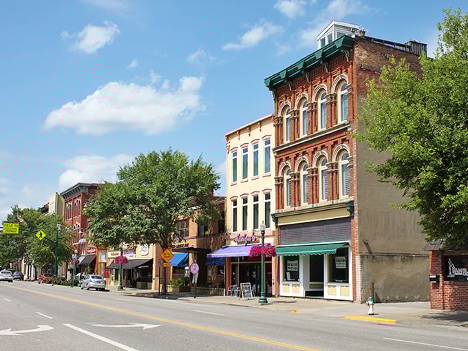 Historic brick buildings line Marietta's main street, where 19th-century architecture creates a perfect backdrop for modern small-town life.