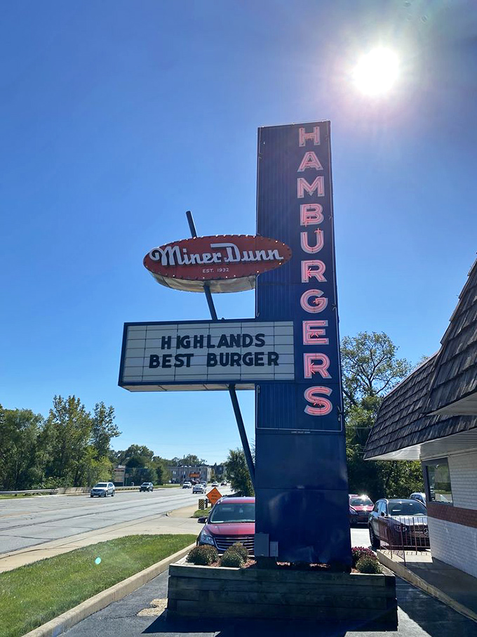 Miner-Dunn's iconic vertical sign has guided hungry travelers for generations. "Highlands Best Burger" is no empty boast.