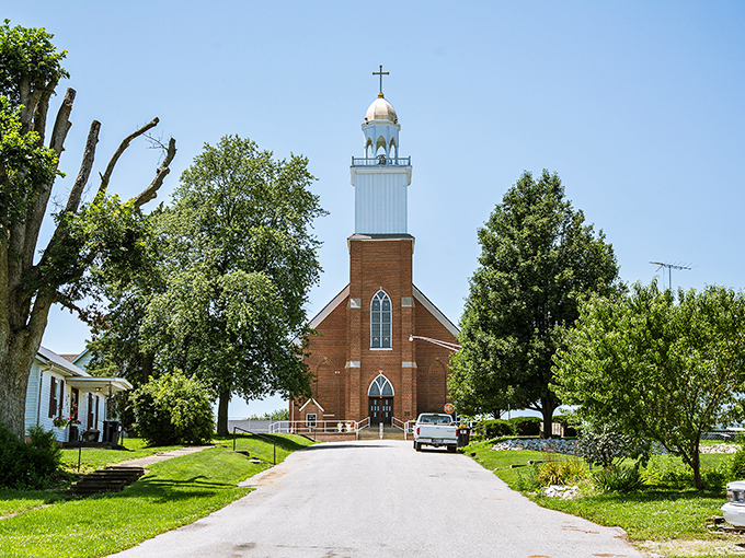 St. Peter's Church in Montgomery reaches skyward with its distinctive steeple. Sunday services here come with a side of architectural splendor and deep community roots.