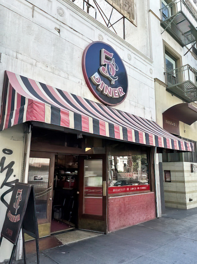 Nickel Diner's vintage facade brings a touch of old-school charm to downtown LA's evolving landscape.
