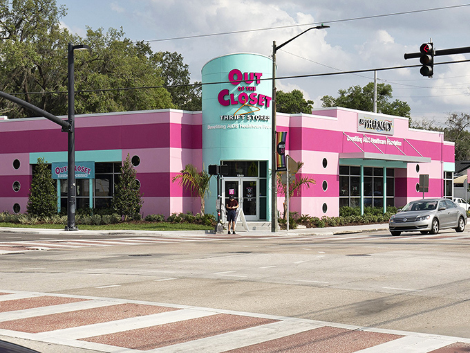 Out of the Closet's candy-colored exterior is impossible to miss. Pink and teal stripes announce this isn't your grandmother's thrift store.
