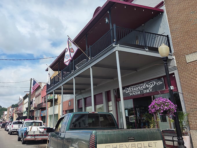 Pomeroy's unique geography stretches along the Ohio River, with buildings offering views of both Main Street and the flowing water beyond.